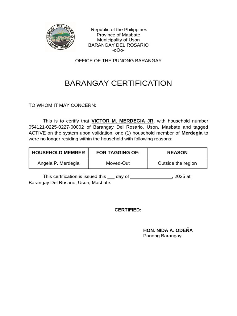 Barangay Certification for Victor Merdegia | PDF