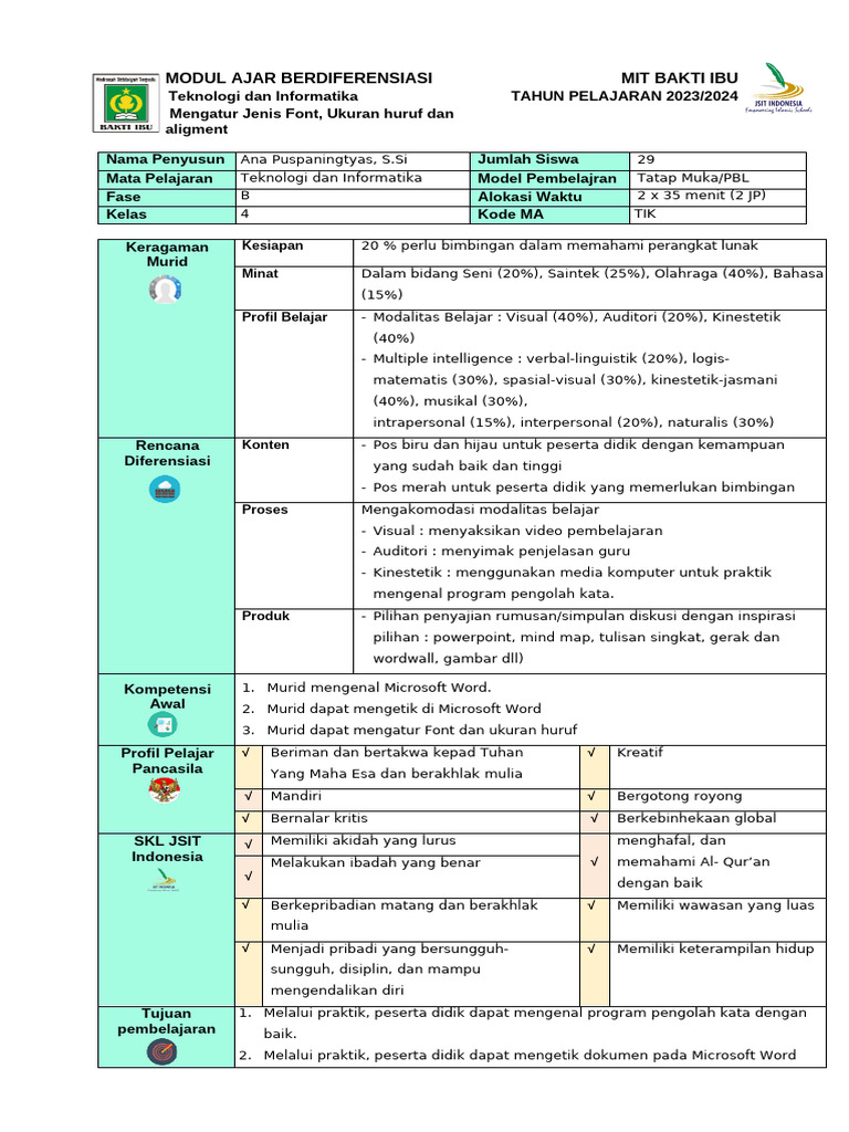 1 Modul Ajar JSIT - TIK Kelas 4 | PDF