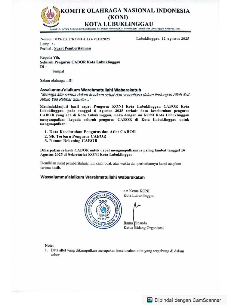 Data dan SK Pengurus CABOR Lubuklinggau | PDF