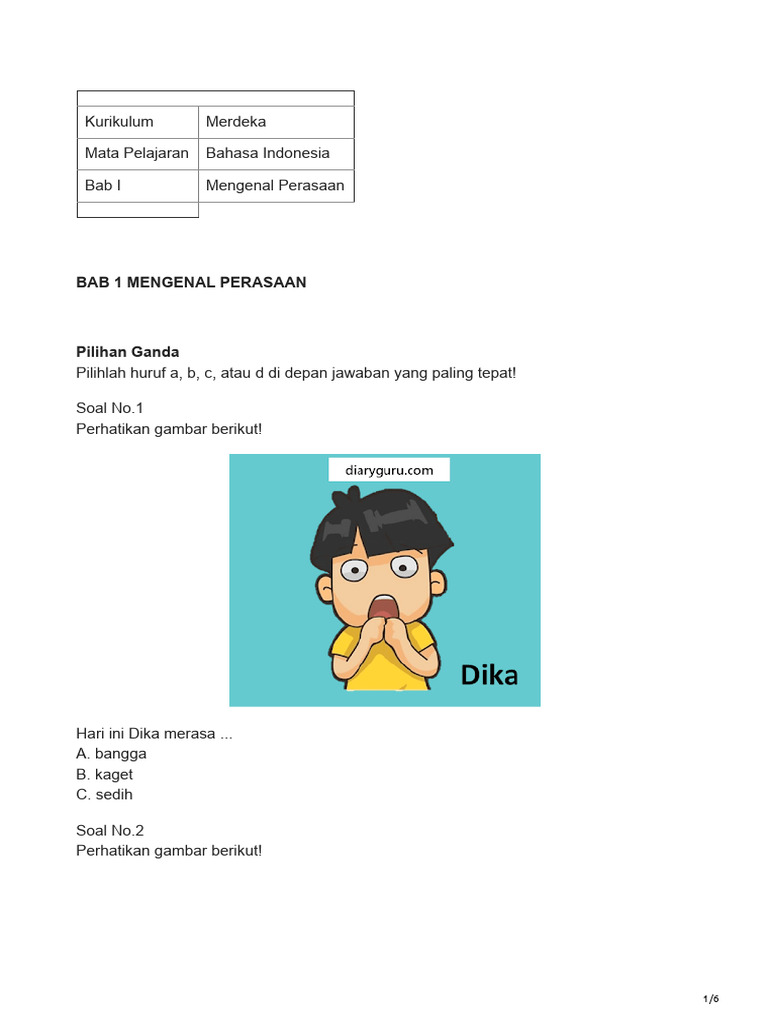 Soal Bahasa Indonesia Kelas 1: Perasaan | PDF
