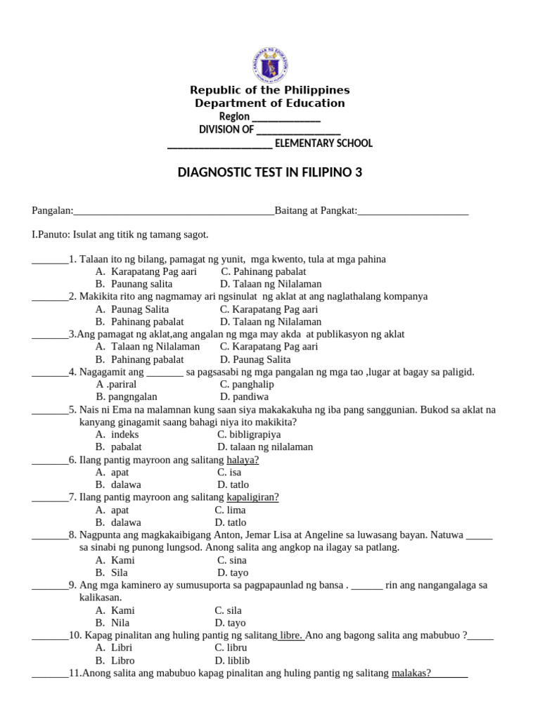 Diagnostic Test - Filipino 3 v2 | PDF