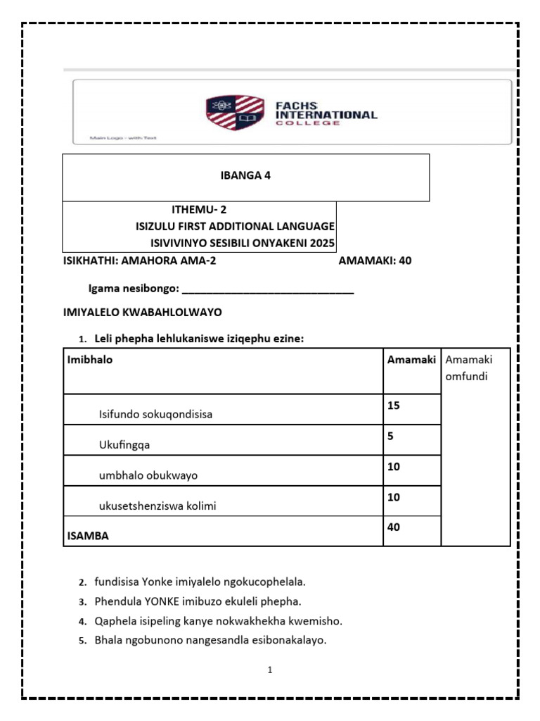 Grade 4 Isizulu Exam Paper 2025 | PDF
