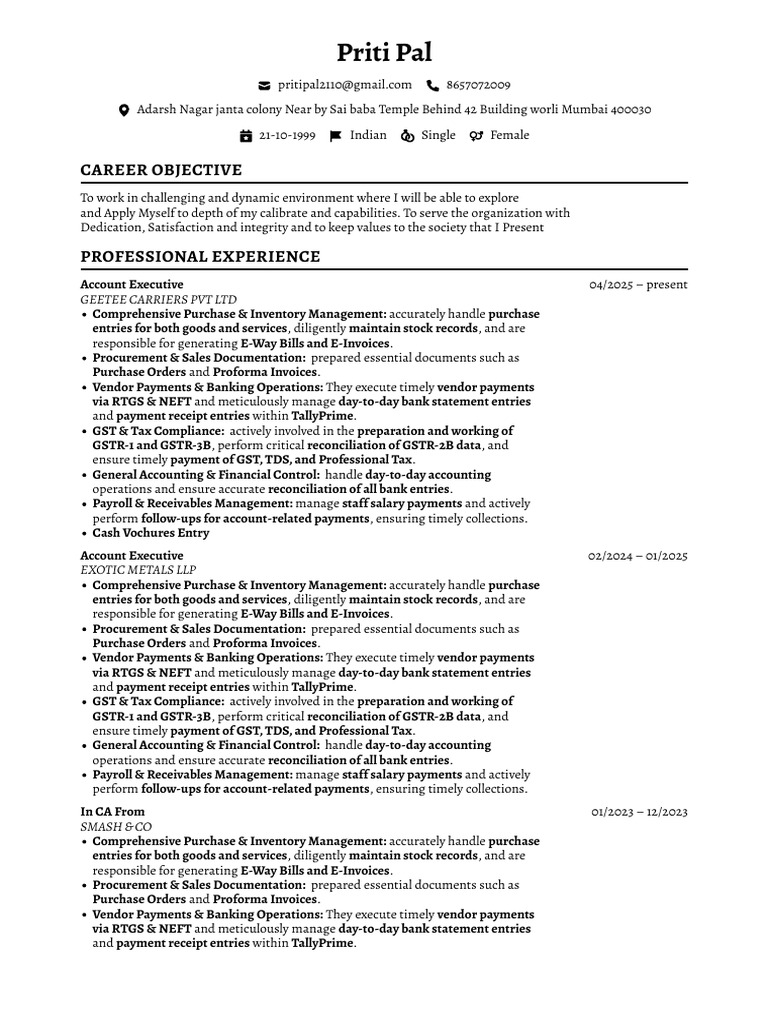 Priti-Pal-Resume-18-07-2025 | PDF | Receipt | Invoice