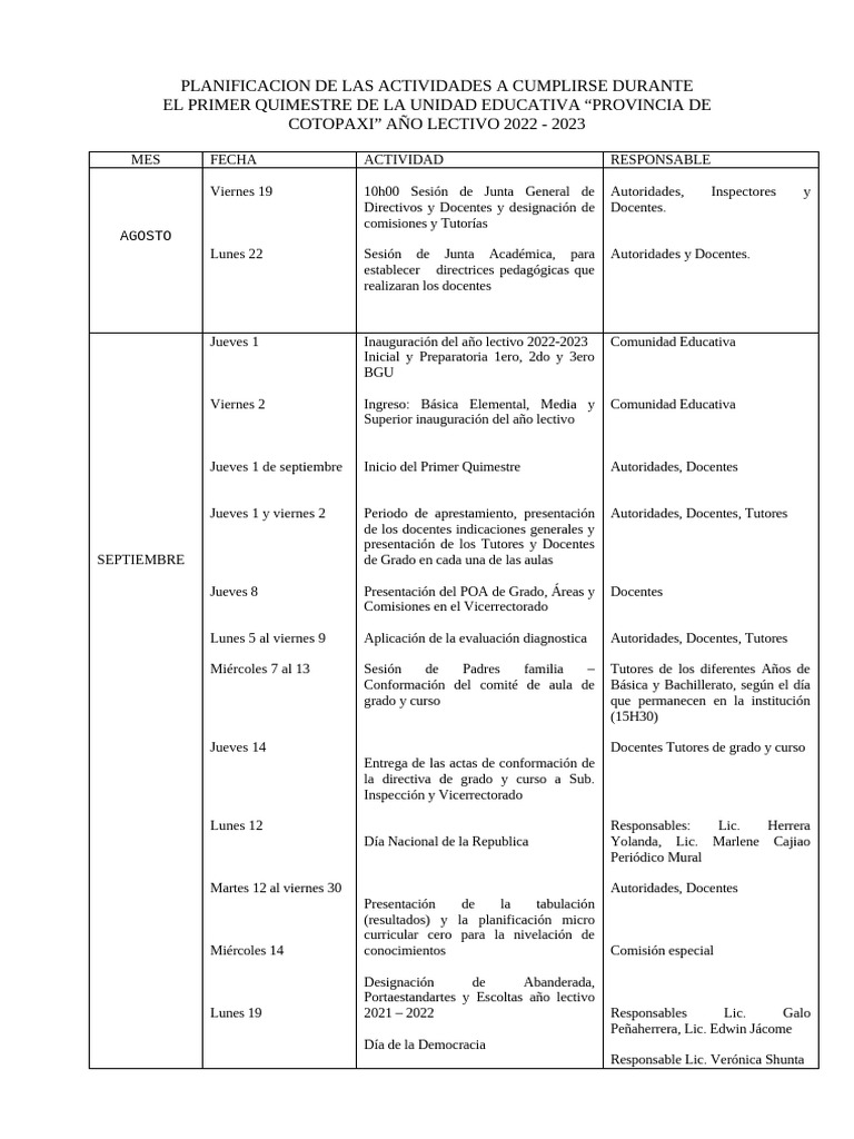 Planificacion 1er Quim | PDF