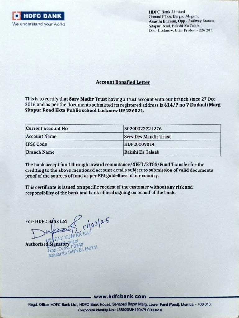 HDFC Bank Account Certification Letter | PDF