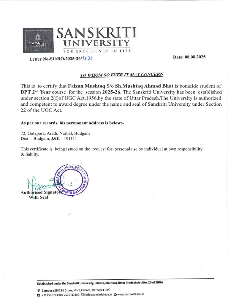 Bonafide of Faizan Mushtaq - Compressed | PDF