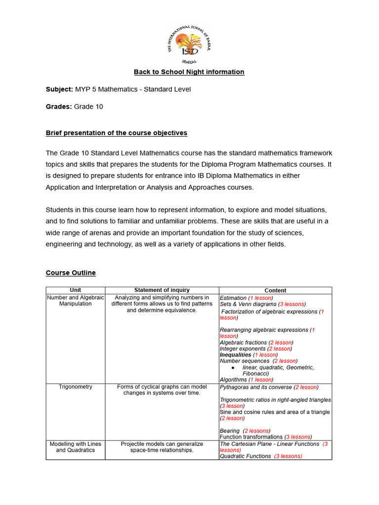 MYP 5 Mathematics SL Course Outline | PDF | Mathematics | Trigonometry