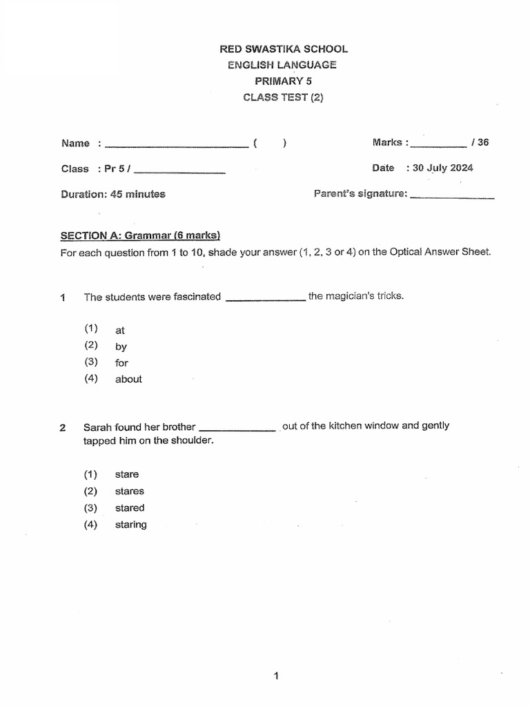 2024 P5 English Class Test 2 Red Swastika | PDF
