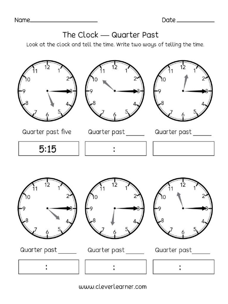 First Grade Tell The Time Quarter Past Activity Sheet 8s | PDF