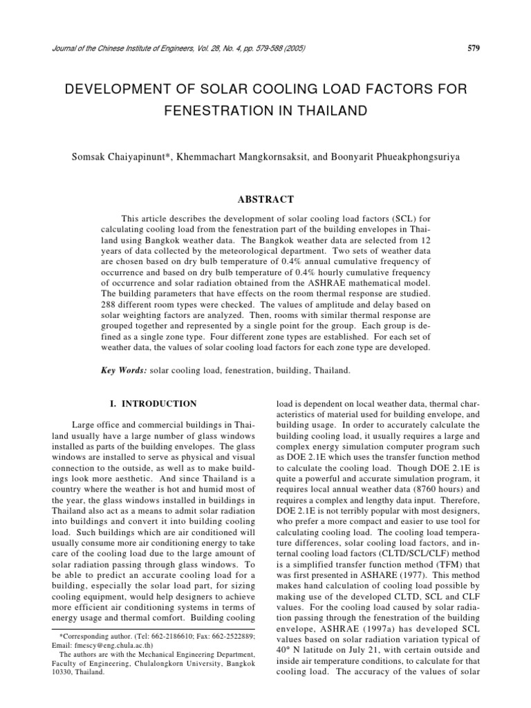 Development of Solar Cooling Load Factors For Fenestration in Thailand ...