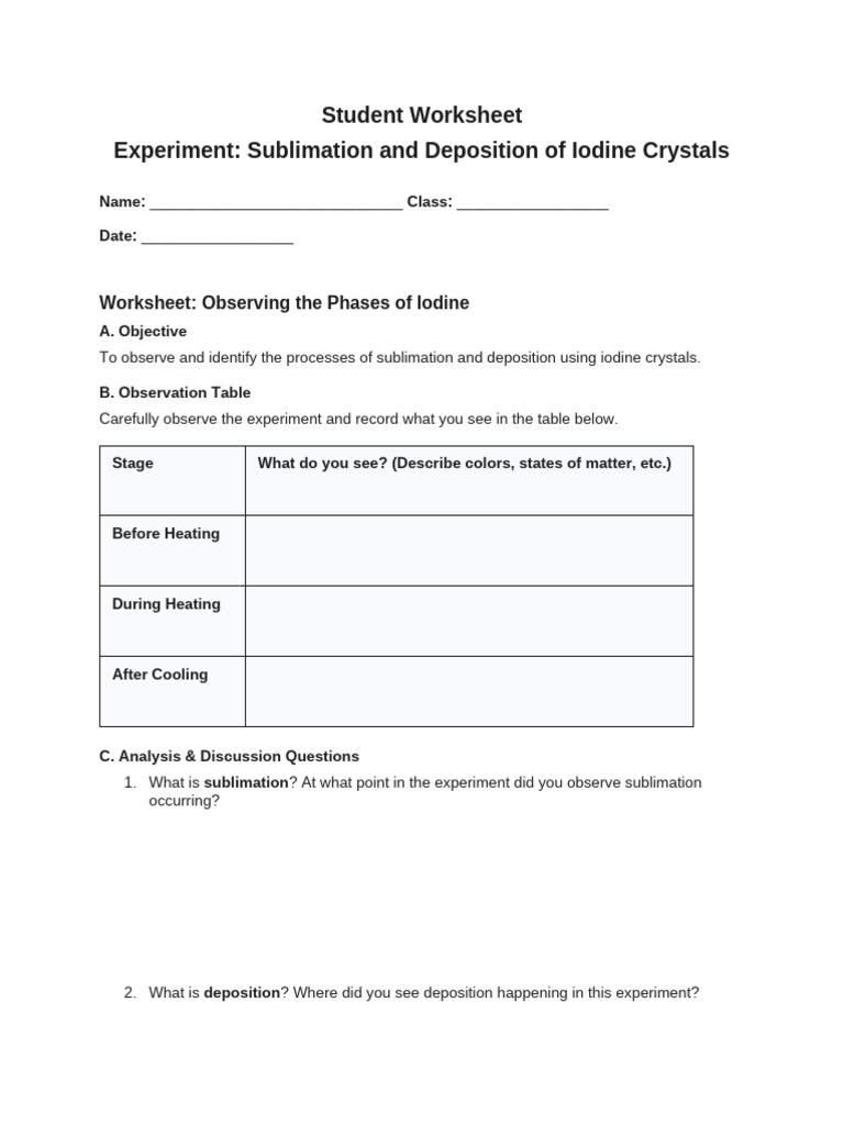 Student Worksheet Experiment - Sublimation and Deposition | PDF