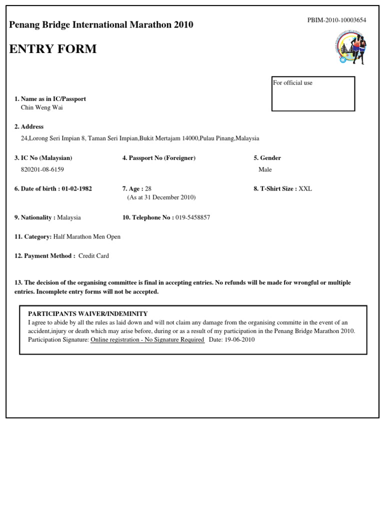 Marathon Entry Form 2010 | PDF | Business
