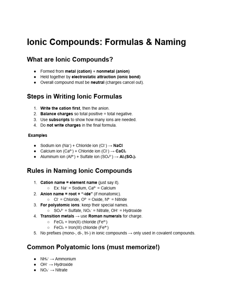 Ionic Compounds: Formulas & Naming Guide | PDF | Ion | Mole (Unit)