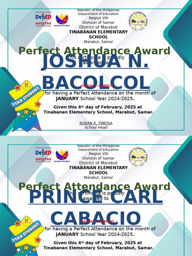 Perfect Attendance Certificates 2024-2025 | PDF | Government | Public ...