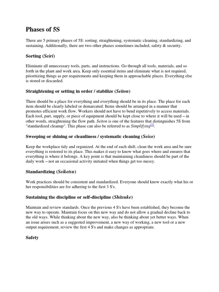 Phases of 5S: Sorting (Seiri) | PDF | Safety | Security
