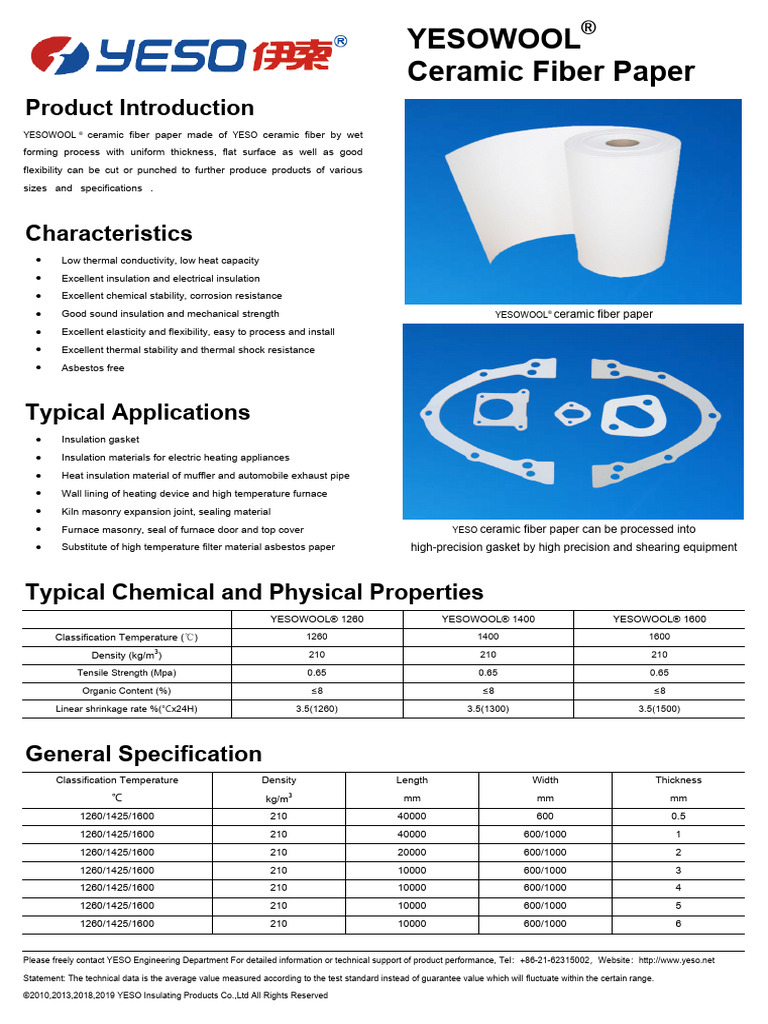 YESOWOOL® Ceramic Fiber Paper Overview | PDF | Thermal Insulation ...