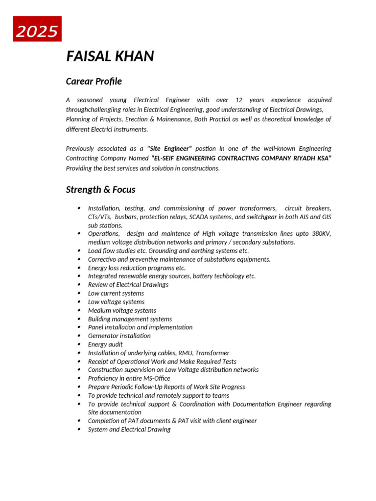 Faisal Khan: Electrical Engineer Profile | PDF | Specification ...