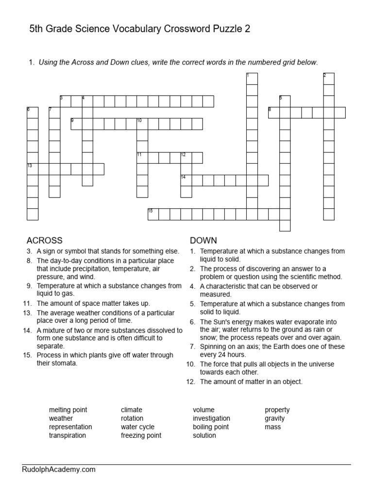 5th Grade Science Crossword Puzzle | PDF | Water | Liquids