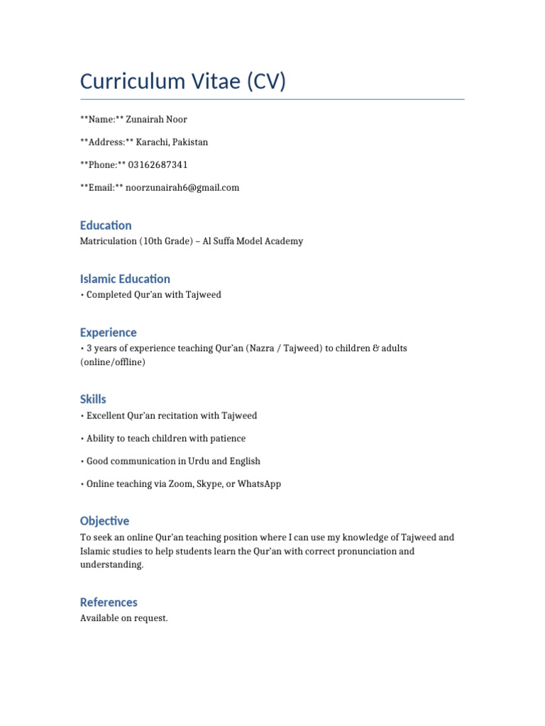 Zunairah Noor CV | PDF