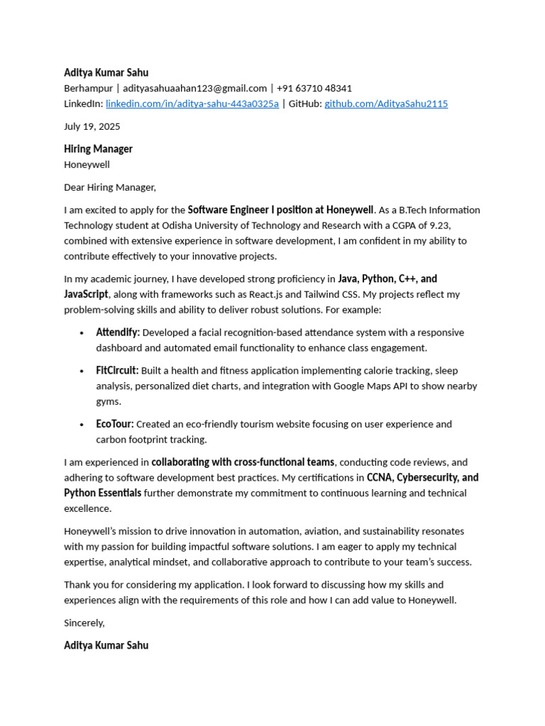 Cover Letter Honeywell | PDF