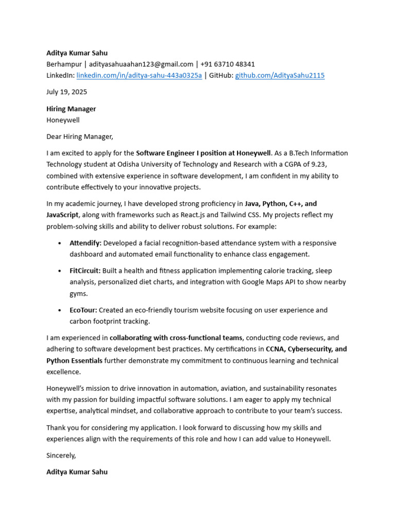HoneyWell COver Letter | PDF