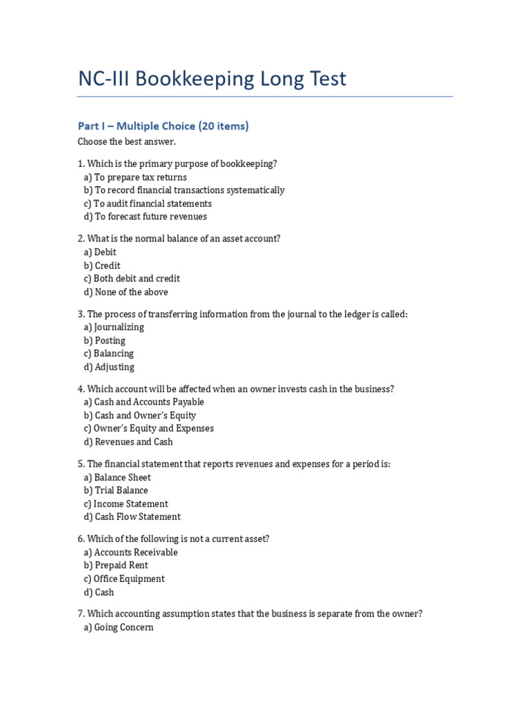 NC-III Bookkeeping Test Questions | PDF | Debits And Credits | Expense
