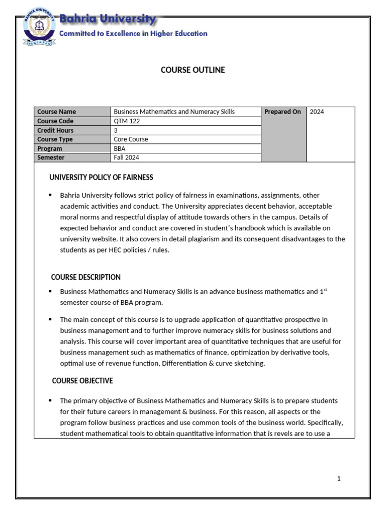 Business Mathematics Course Outline | PDF | Function (Mathematics ...