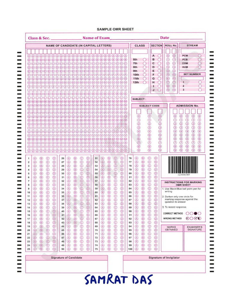 Omr Exam Answer Sheet Class 11 | PDF
