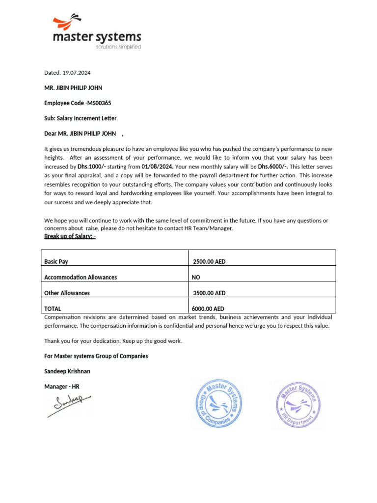 Salary Increment Notification for Jibin John | PDF