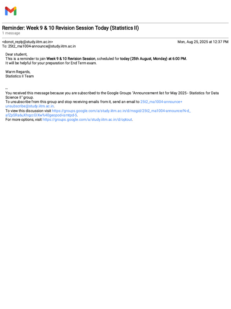 Gmail - Reminder - Week 9 & 10 Revision Session Today (Statistics II) | PDF