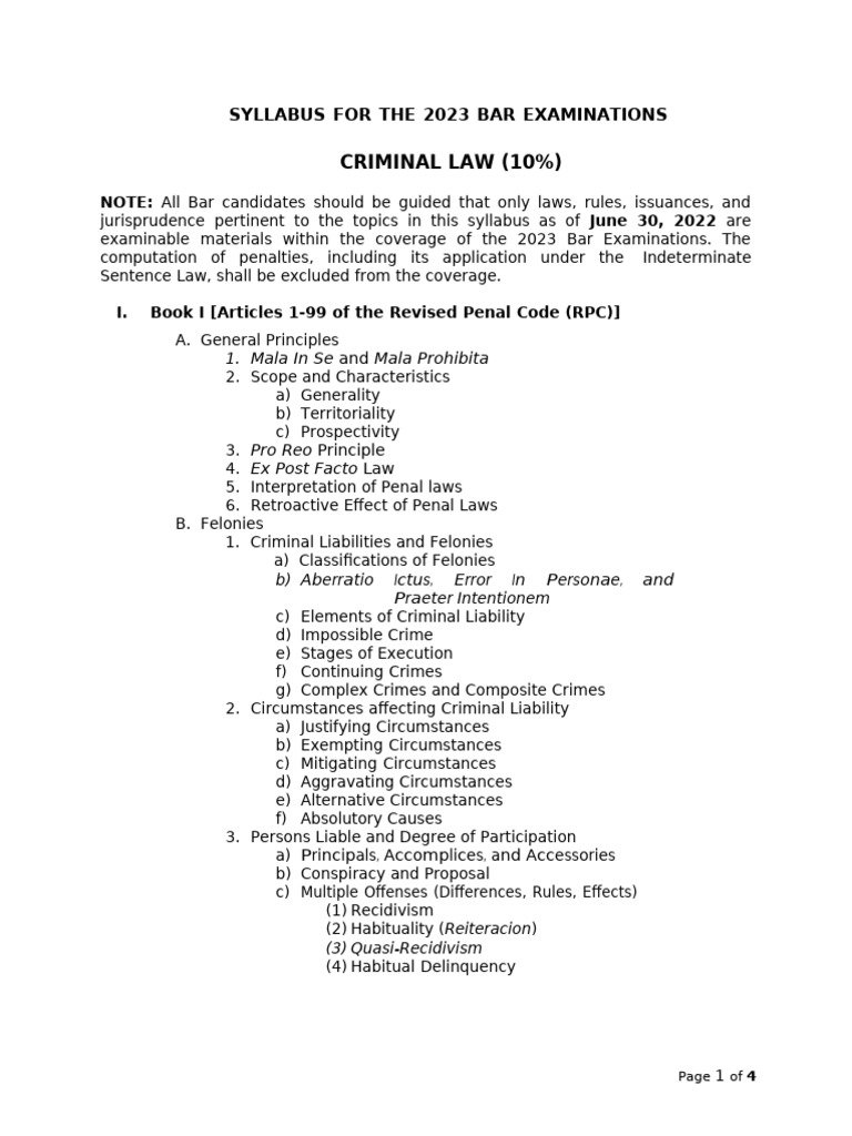2023 Bar Exam Criminal Law Syllabus | PDF | Human Trafficking ...