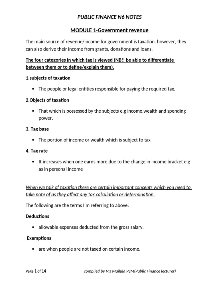 Public Finance N6 Study Notes | PDF | Taxes | Public Finance