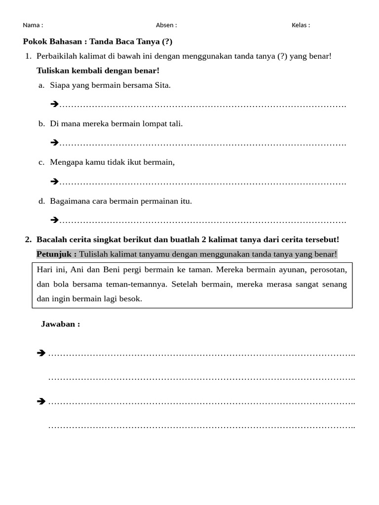 Latihan Tanda Baca Tanya | PDF