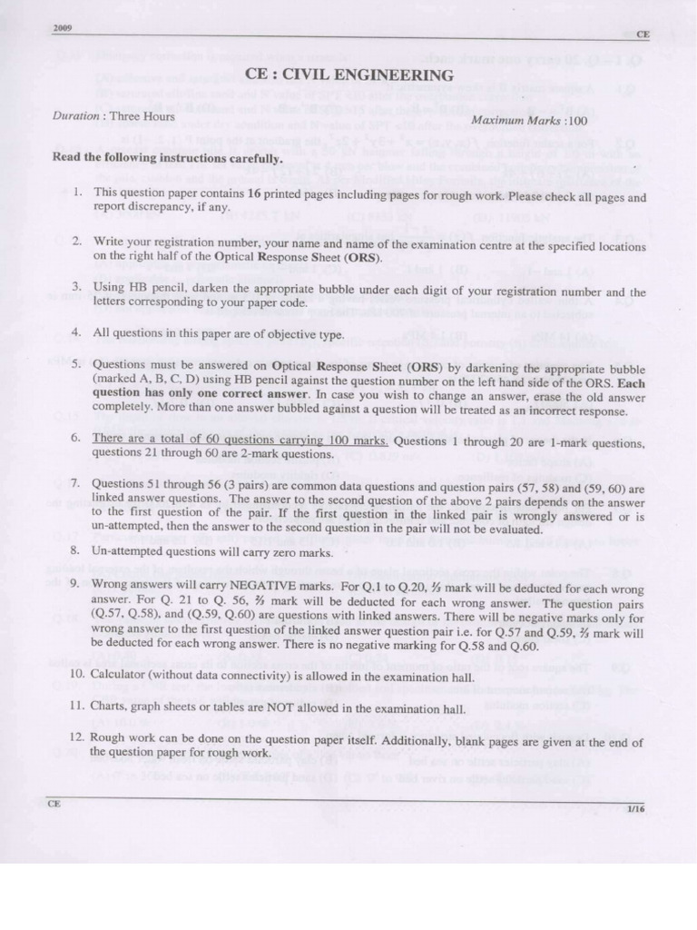 2009 Civil Engineering Question Paper | PDF