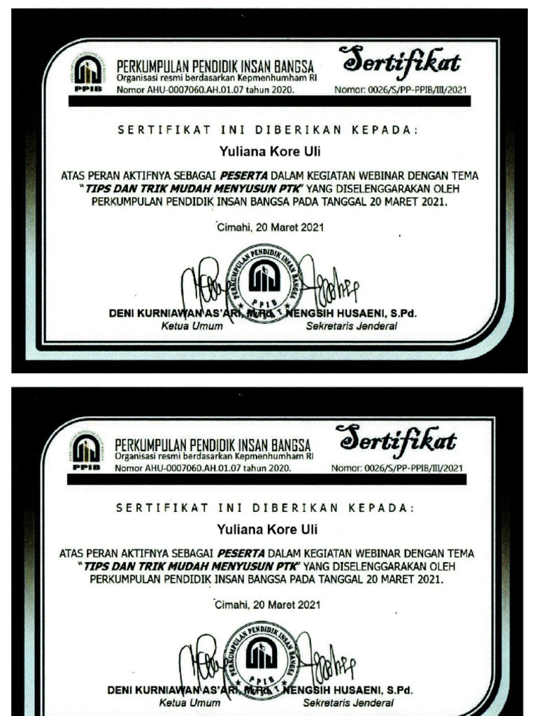 Sertifikat Yuliana Kore Uli | PDF