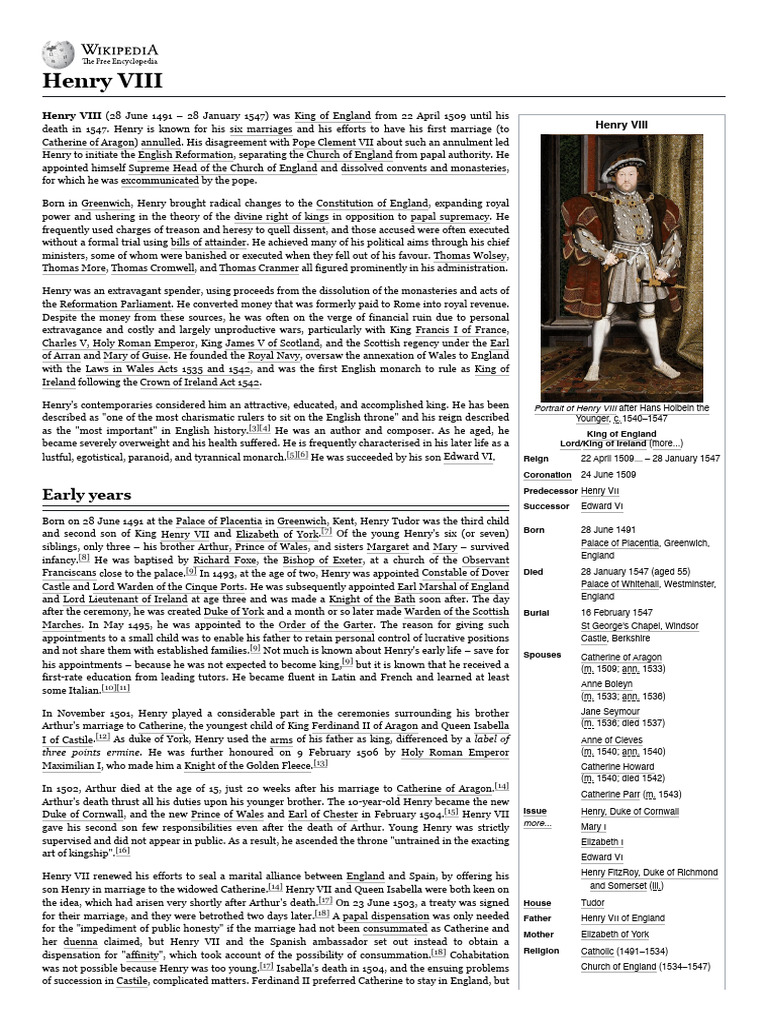 Henry VIII - Wikipedia | PDF | Anne Boleyn | Kingdom Of England
