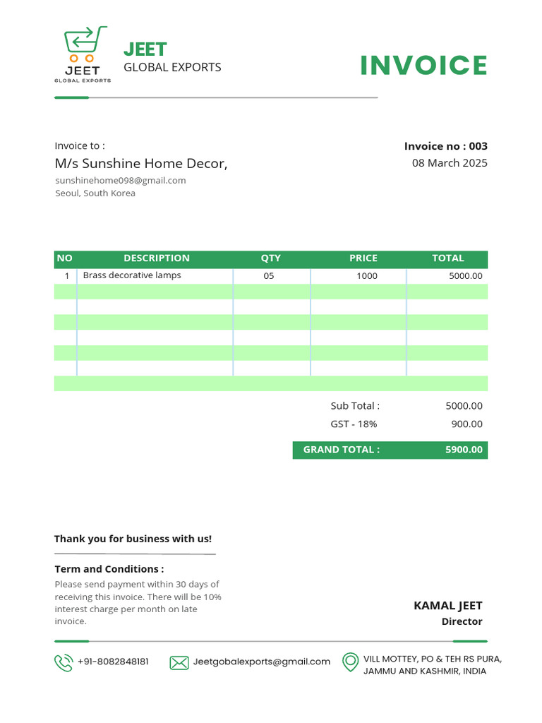 Invoice for Brass Decorative Lamps | PDF