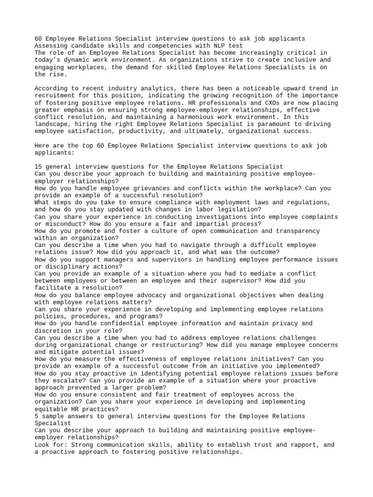 Employee Relations Specialist Interview Guide | PDF | Employment ...