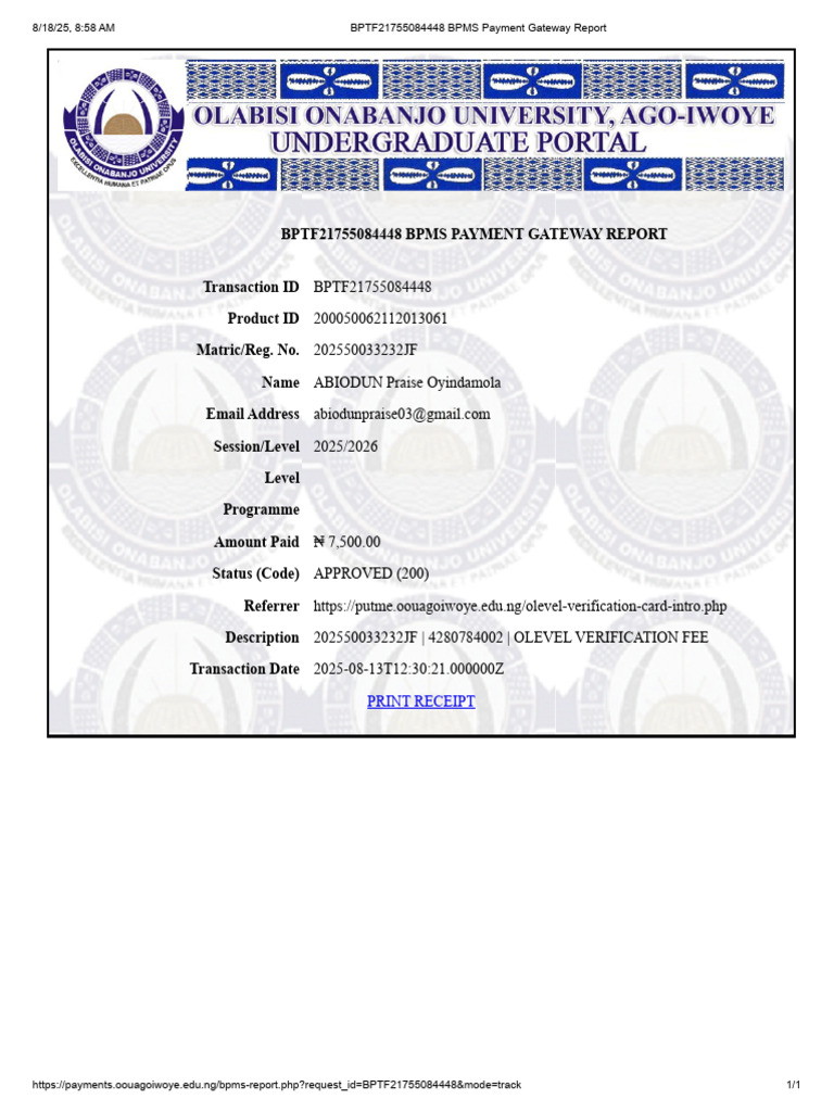 Praise OOU Olevel Verification Receipt | PDF