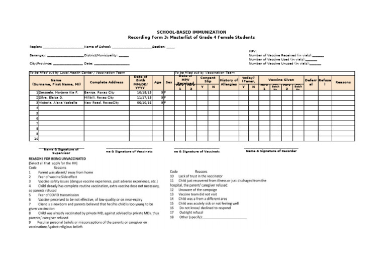 Grade 4 Female ANNEX D SBI Recording Reporting Forms Rec Form 3 GR 4 ...