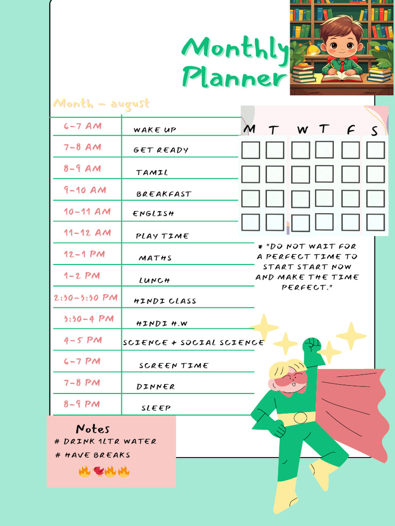 Green Cute Superhero Daily Planner (1) | PDF