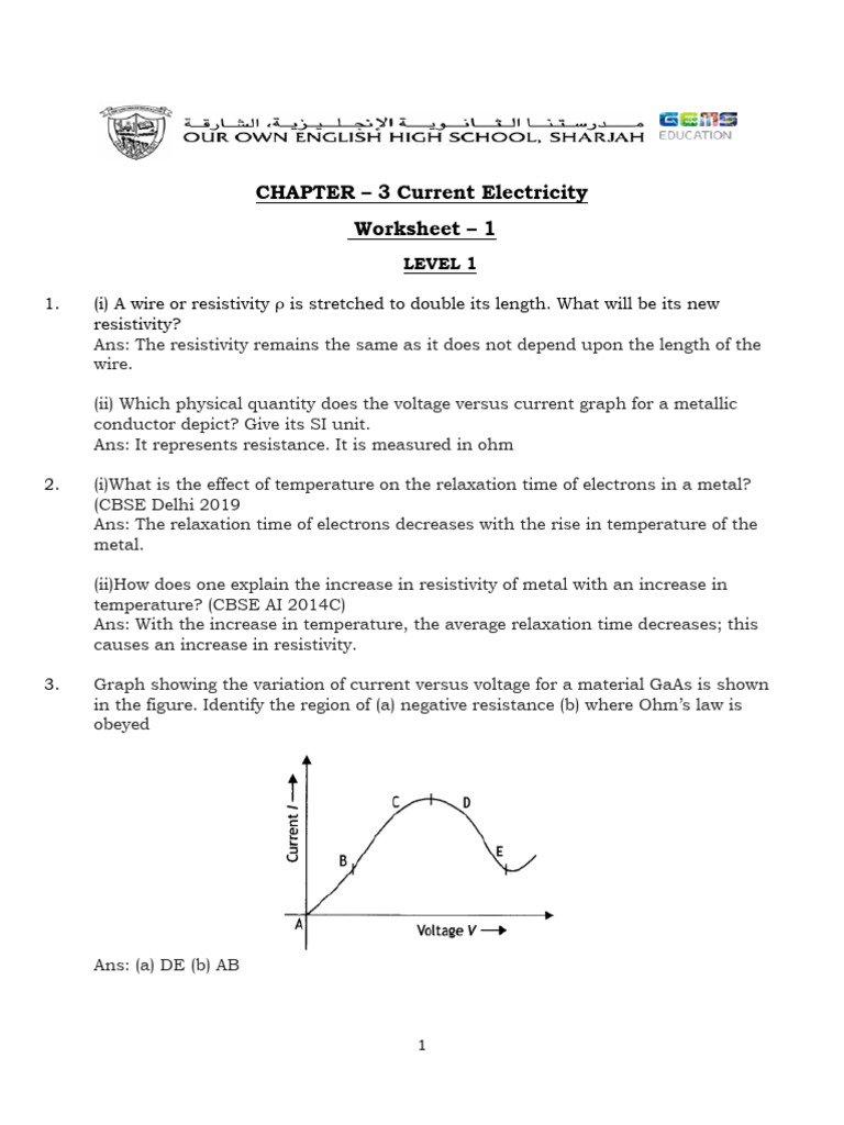 CHAPTER - 3 Current - WS 1 Solution | PDF | Electrical Resistivity And ...