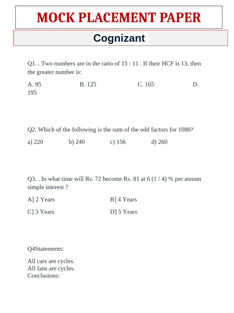 Cognizant Aptitude Test Paper | PDF | Ratio | Interest