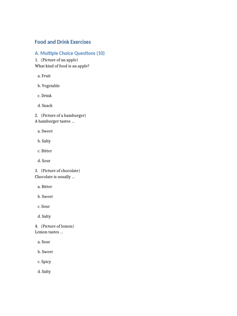 Food and Drink Vocabulary Exercises | PDF