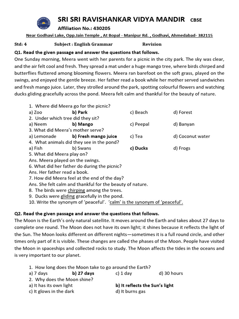 Std 4 English Grammar Revision | PDF | Moon | Natural Satellite