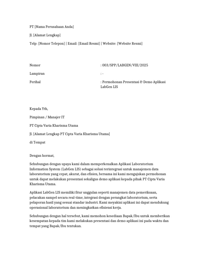 Surat Permohonan Presentasi LabGen LIS v3 | PDF