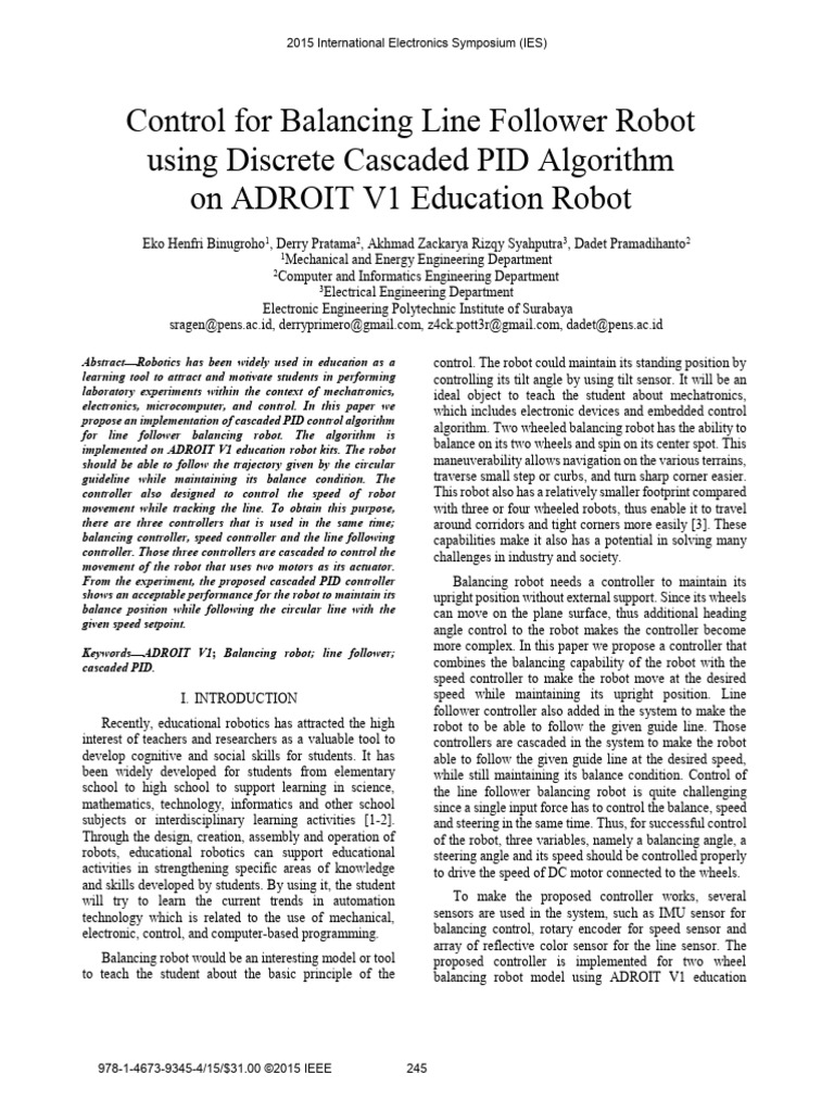 Control For Balancing Line Follower Robot Using Discrete Cascaded PID Algorithm On ADROIT V1 ...