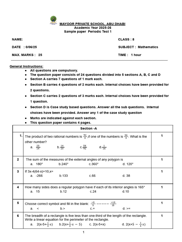 Class 8 Maths Sample Paper 2025-26 | PDF | Rectangle | Geometric Shapes