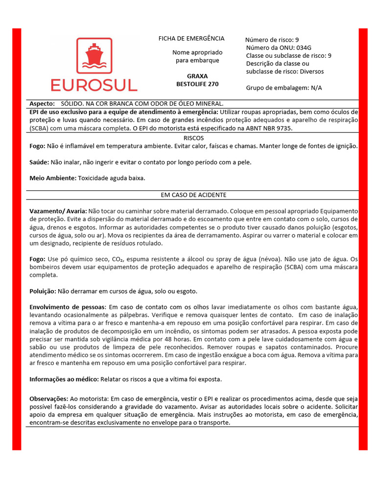 Ficha de Emergencia GRAXA Bestolife 270 | PDF | Incêndios | Águas residuais