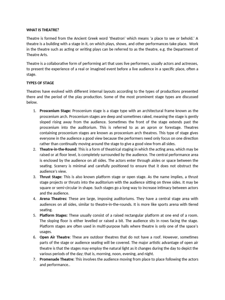 Types of Theatre Stages Explained | PDF | Oral Literature | Performing Arts
